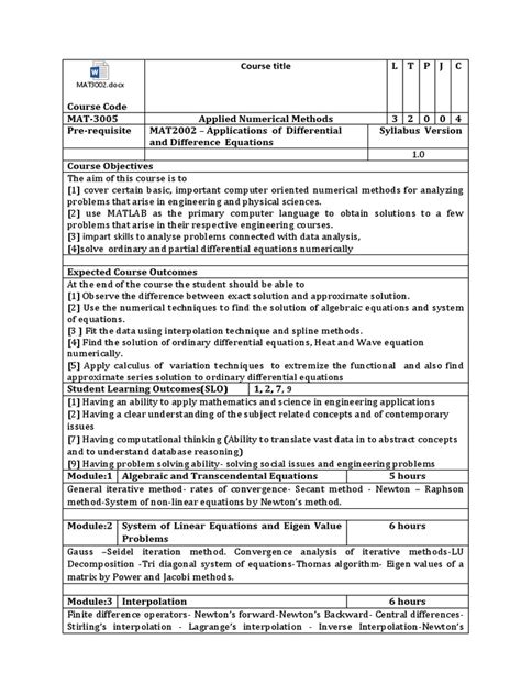 1 Material Mat3005 Syllabus Pdf Numerical Analysis Differential