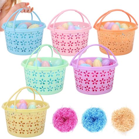 6 Pcs Plastic Easter Baskets With Tricolor Easter Fake Grass Paper