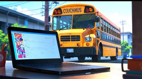 Photo Realistic As School Bus With Laptop And Coding Book Concept As A