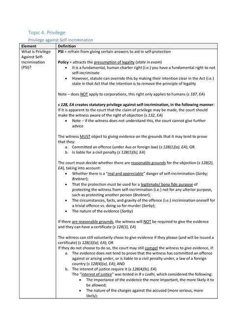 Privilege Note Client Privilege Notes Topic 4 Privilege Privilege Against Self