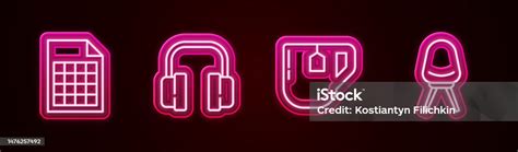 라인 파일 문서 헤드폰 티백과 함께 차 한잔 사무실 의자를 설정합니다 빛나는 네온 아이콘입니다 벡터 Brand Name Online Messaging Platform에 대한