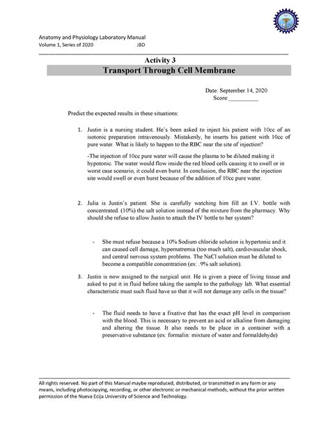 Ana Phy 5 Transport Through Cell Membrane Volume 1 Series Of 2020 JBD Studocu