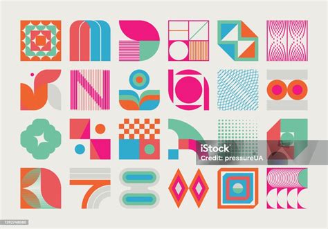 모더니즘 미학 벡터 추상 모양 컬렉션 미니멀리스트 기하학적 형태와 인물로 만든 컴퓨터 글자에 대한 스톡 벡터 아트 및 기타 이미지 컴퓨터 글자 블록 아이콘 세트