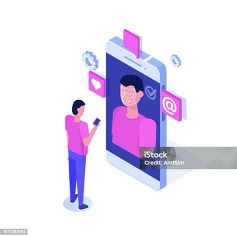 생체 인식 보안 식별 얼굴 인식 시스템 아이소메트릭 개념 방문 페이지 서식 파일에 대 한 모바일 애플 리 케이 션 벡터