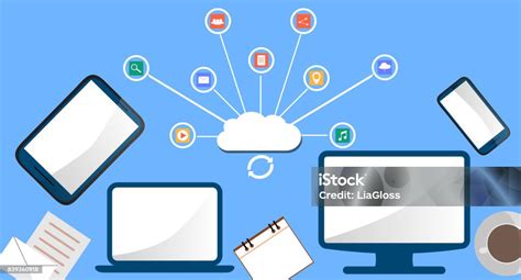 현대 클라우드 서비스 및 클라우드 컴퓨팅 요소 개념입니다 디바이스 기어와 구름에 연결 평면 그림입니다 개념에 대한 스톡 벡터 아트 및 기타 이미지 Istock
