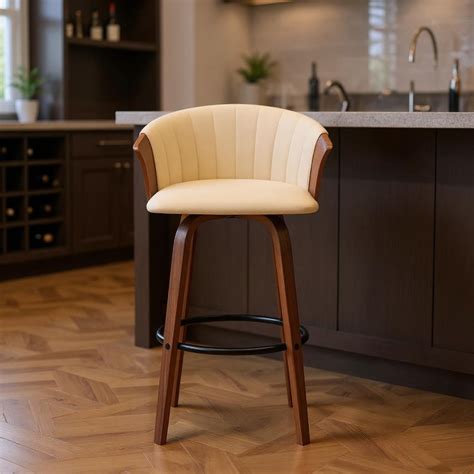 30 Inch Bar Stool Swivel Cream Faux Leather Walnut Mid Century Modern