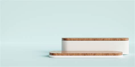 3d 렌더링 기술로 제품을 표시하기위한 파란색 배경이있는 나무와 흰색 연단의 최소한의 장면 연단에 대한 스톡 사진 및 기타 이미지 Istock
