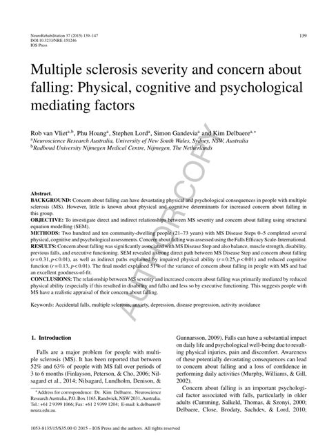 Pdf Multiple Sclerosis Severity And Concern About Falling Physical