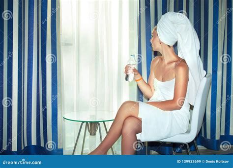 A Woman After Your Morning Shower Drinking Water Stock Image Image