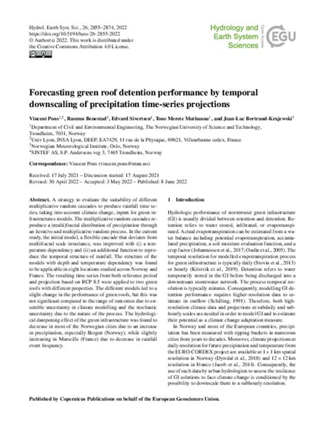 Pdf Forecasting Green Roof Detention Performance By Temporal Downscaling Of Precipitation Time