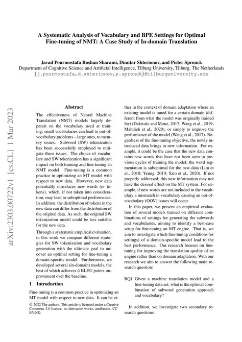 Pdf A Systematic Analysis Of Vocabulary And Bpe Settings For Optimal Fine Tuning Of Nmt A