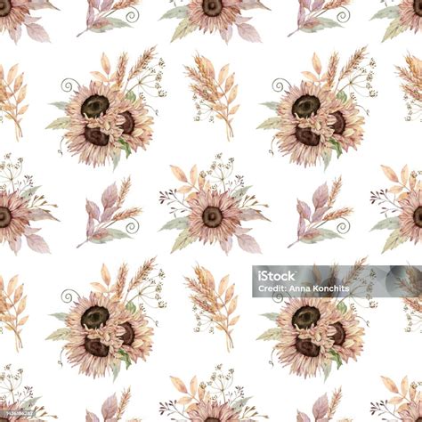 해바라기 나뭇잎 및 딜 꽃으로 장식 된 호박의 수채화 이음새가 없는 배경 추수 감사절 그림 0명에 대한 스톡 벡터 아트 및 기타 이미지 Istock