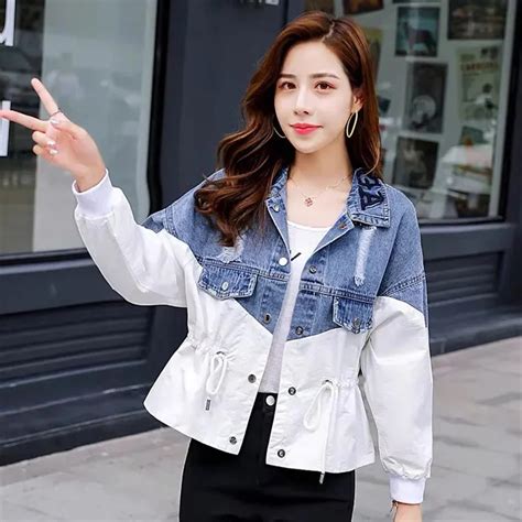 2022 여성용 데님 재킷 패치워크 블루 긴 소매 청바지 재킷 여성 루즈 캐주얼 데님 코트 아웃웨어 가을 신상