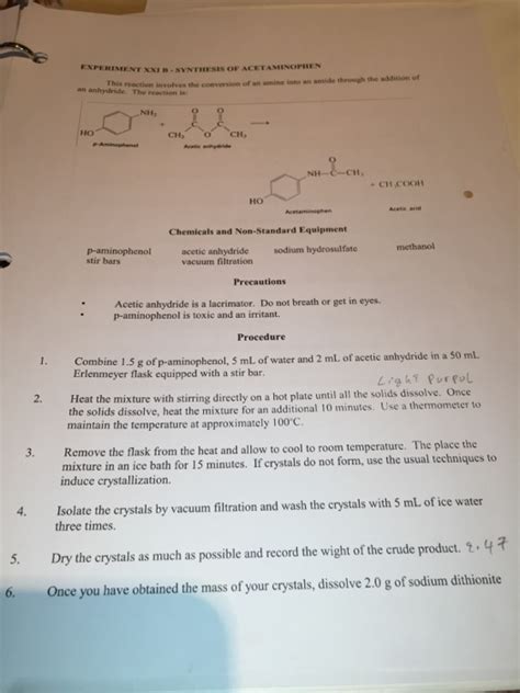 Solved Experiment Xxib Synthesis Of Acetaminophen Reaction