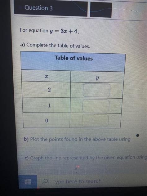 Solved For Equation Y3x4 A Complete The Table Of Values
