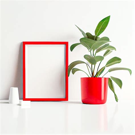 흰색 벽 배경과 빨간색 화분이 있는 방 내부에 표시되는 빈 프레임 모형 프리미엄 사진