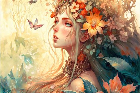 Premium Photo Wondrous Fantasy Portrait Of Goddess Wood Elf Princess Wearing Flowery Wreath