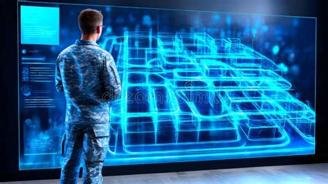 Military Personnel Interacts With Advanced Holographic Technology In A Command Center Stock