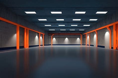 현대 미래 지향적 인 지하 주차장 복도 조명이있는 창고 빈 무대 회색 주황색 및 네온 색상의 방 콘크리트 주차 공간 디자인에 대한 미래의 배경 3d 일러스트 레이 션 0명에