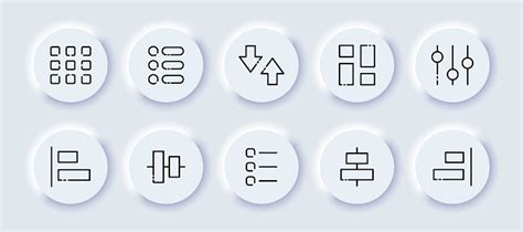 탐색 메뉴 설정 아이콘 버튼 타일 사이드 바 설정 화살표 제어판 정렬 기술 개념 조정 슬라이더 신형성 스타일 비즈니스 및 광고에 대 한 벡터 라인 아이콘 0명에 대한 스톡
