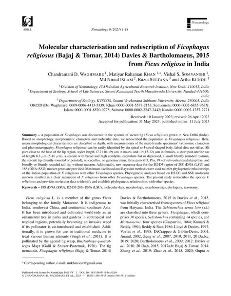 Pdf Molecular Characterisation And Redescription Of Ficophagus Religiosus Bajaj And Tomar 2014