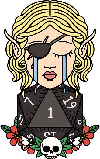 레트로 문신 스타일 우는 엘프 불량 캐릭터 얼굴 자연 하나 D20 롤 굴리기에 대한 스톡 벡터 아트 및 기타 이미지 굴리기 꼬마 요정 눈 신체 부분 Istock