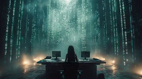 A Dark Room With Binary Code And Data Flowing In The Air A Computer
