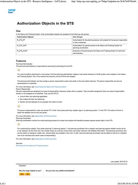 Authorization Objects In The Sts Business Intelligence Sap Library Pdf Business
