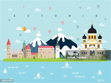 에스토니아 여행 최소한의 스타일과 아이콘 기호 설정 벡터 일러스트 레이 션 수 유명한 랜드마크 Infographic 서식 파일 포스터 여행 책 엽서 빌보드에 사용할 수 0