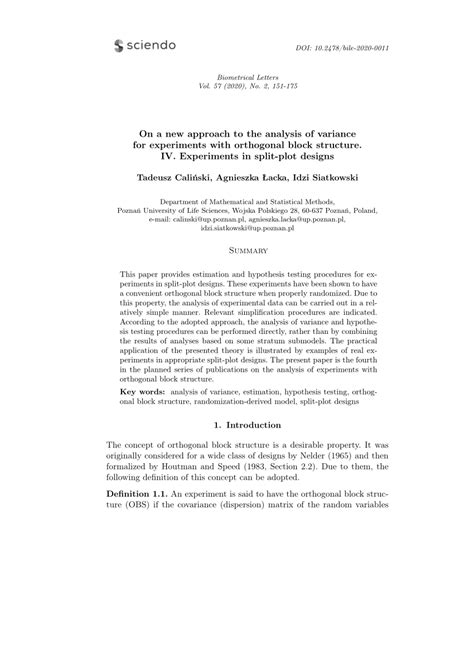 Pdf On A New Approach To The Analysis Of Variance For Experiments