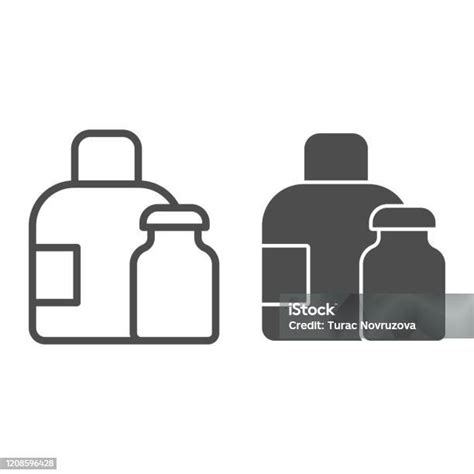 물병 라인과 솔리드 아이콘 액체용 의료용 포장 용기 플라스틱 제품 디자인 개념 흰색 배경에 윤곽 스타일 픽토그램 웹 및 응용