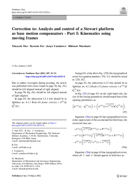 Pdf Correction To Analysis And Control Of A Stewart Platform As Base Motion Compensators