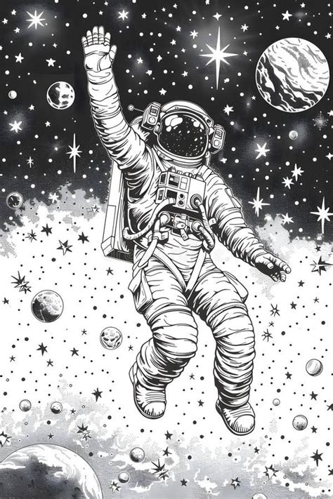 monochromatic artwork of an astronaut floating in space stock image