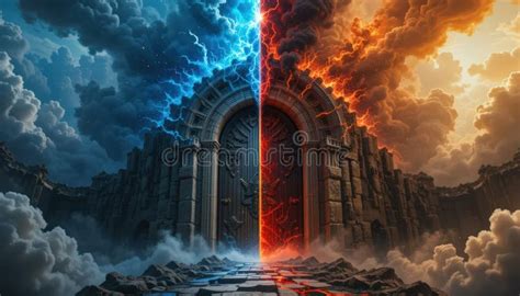 Christianity Concept With Door To Heaven And Hell God And Evil Choice