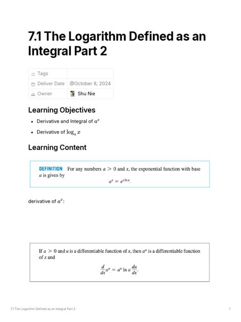 71 The Logarithm Defined As An Integral Part 2 Pdf