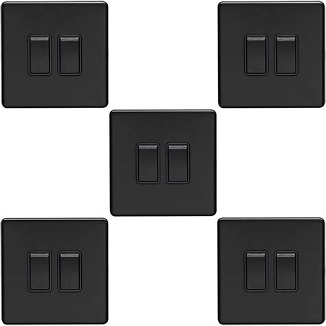5 Pack 2 Gang Double Light Switch Screwless Matt Black 2 Way 10a Slim