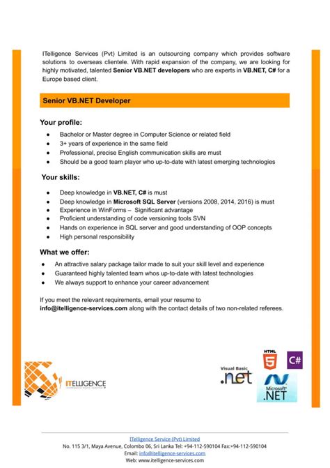 Senior VB NET Developer Itelligence Services