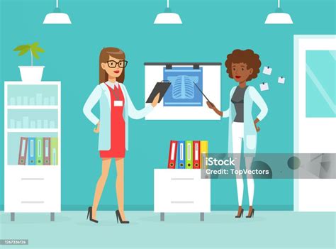 스크린 의학 헬스케어 개념 의료 진료소 인테리어 만화 벡터 일러스트에 인간 뼈의 엑스레이를 검사하는 두 명의 여성 의사 건강관리와 의술에 대한 스톡 벡터 아트 및 기타