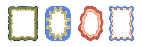 곡선과 가리비 가장자리가 있는 복고풍 물결 모양의 테두리 복사 공간이 있는 평평한 빈 프레임의 벡터 집합입니다 소셜 미디어용 빈티지 배너 포스터 원과 길쭉한 사각형의