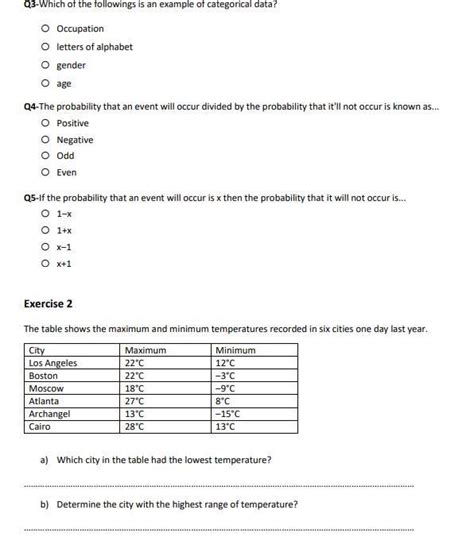 Solved Exercise 1 Use The Following Table To Answer Q1 And