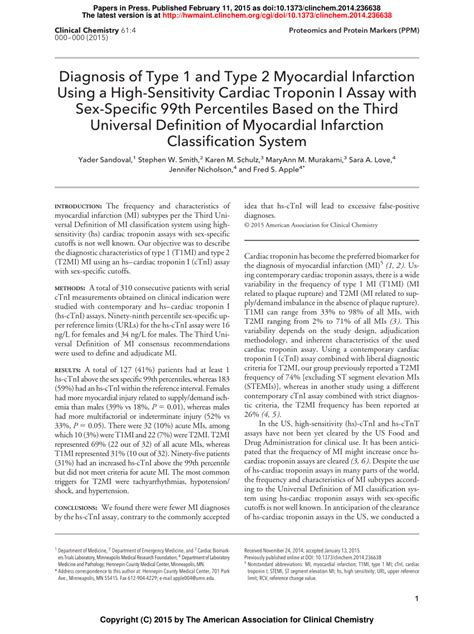 Pdf Diagnosis Of Type 1 And Type 2 Myocardial Infarction Using A High Sensitivity Cardiac