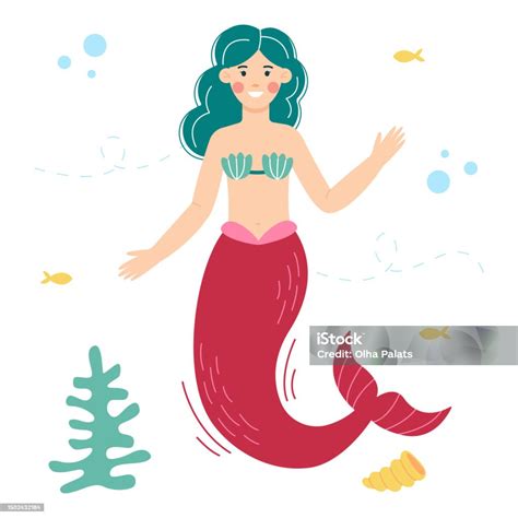 물고기와 조개껍데기를 가진 귀여운 인어 어린이를 위한 벡터 삽화 인사말 카드 여자 인어에 대한 스톡 벡터 아트 및 기타 이미지