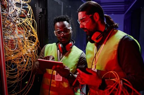 Premium Photo Two Network Technicians Using Tablet While Repairing Server In Neon Light