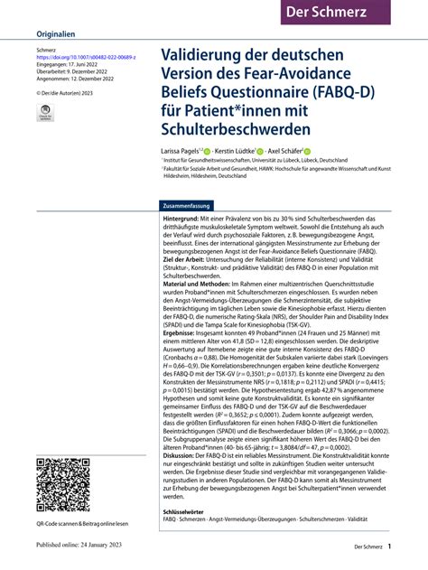 Pdf Validation Of The German Version Of The Fear Avoidance Beliefs Questionnaire Fabq D For