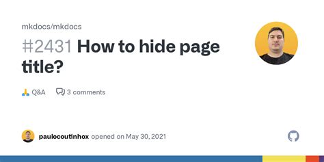 How To Hide Page Title · Mkdocs Mkdocs · Discussion 2431 · Github