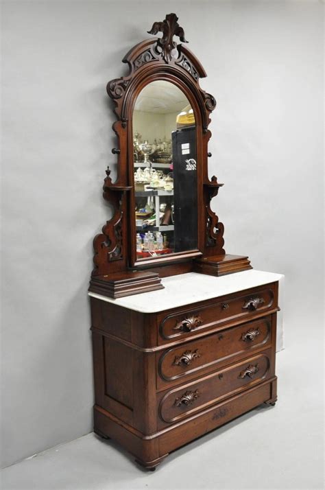 Antique Eastlake Victorian Carved Walnut Marble Washstand Dresser With