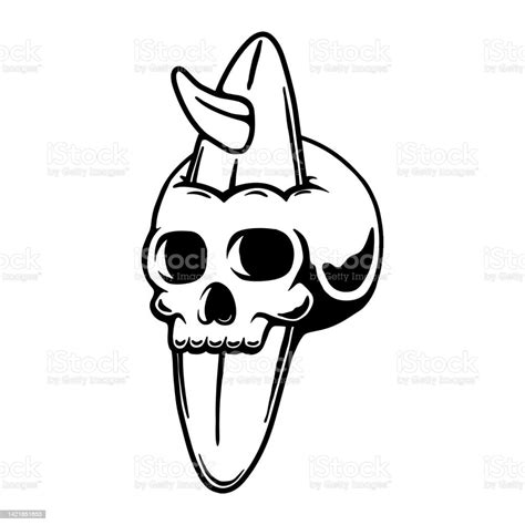 서핑 보드가있는 두개골의 그림 여름 테마 포스터 카드 배너 엠블럼 기호를위한 디자인 요소 벡터 일러스트 레이 션 서핑 수상 스포츠에 대한 스톡 벡터 아트 및 기타 이미지