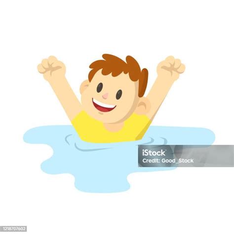깊은 웅덩이 가슴에 서 그의 팔을 스트레칭 행복 한 소년 만화 캐릭터 디자인 흰색 배경에 격리된 플랫 벡터 그림입니다 물이 튀는에 대한 스톡 벡터 아트 및 기타 이미지