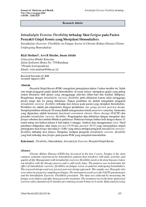 Pdf Intradialytic Exercise Flexibility Terhadap Skor Fatigue Pada Pasien Penyakit Ginjal