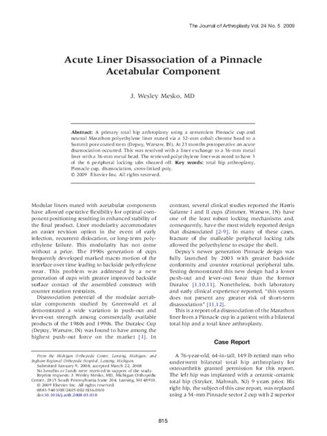 Pdf Acute Liner Disassociation Of A Pinnacle Acetabular Component